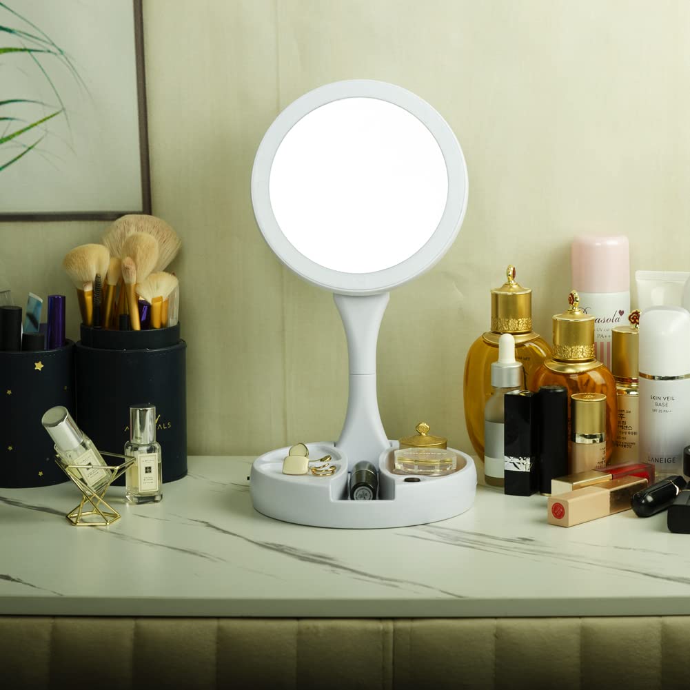 Softfree Lighted Folding Makeup Mirror, 1X/10X Magnification Double Sided Mirror, 5.9Inch LED Vanity Mirror for Travel, Home (White)