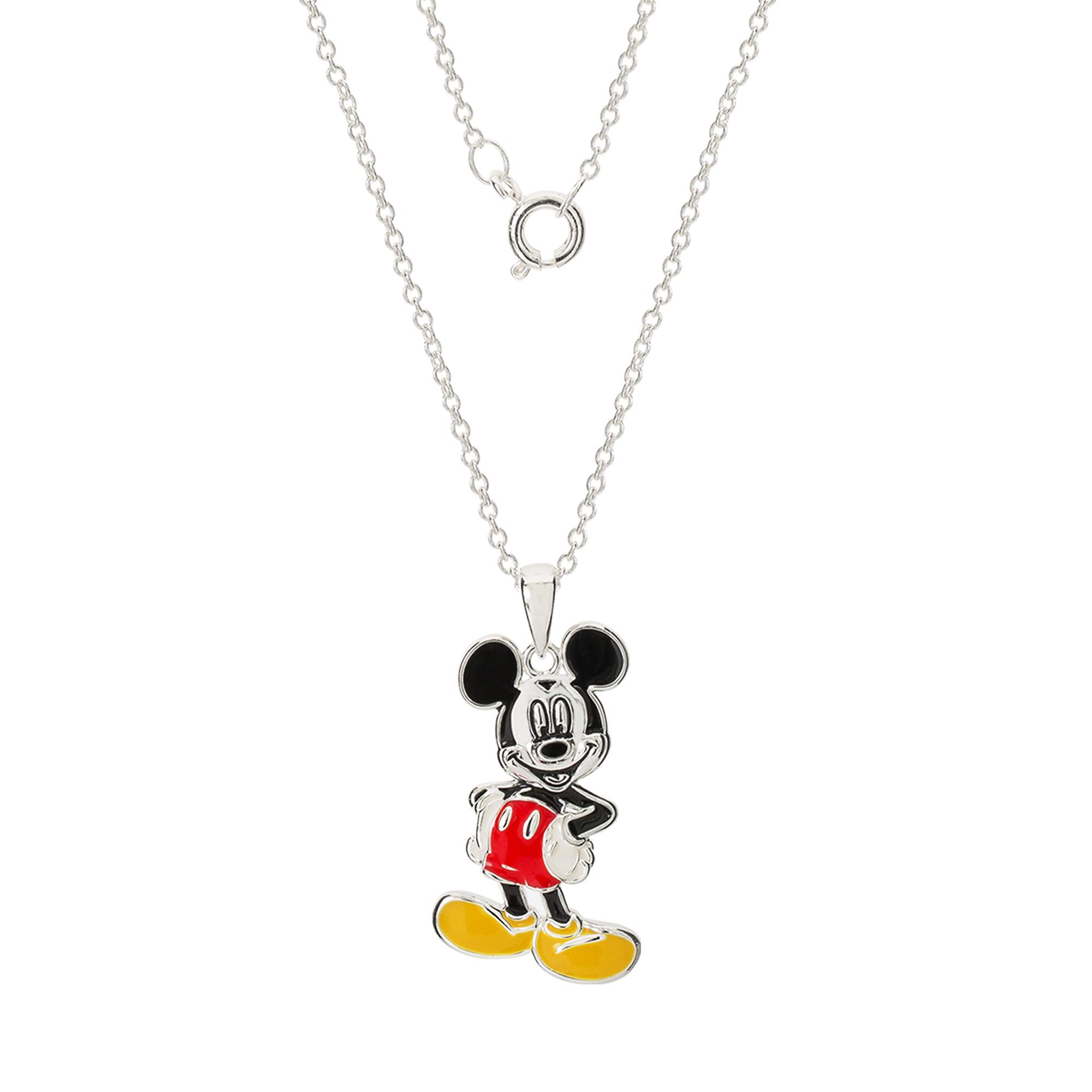 Disney Mickey Mouse Jewelry for Women, Silver-Plated Enamel Classic Mickey Mouse Pose Pendant Necklace, 18β Chain