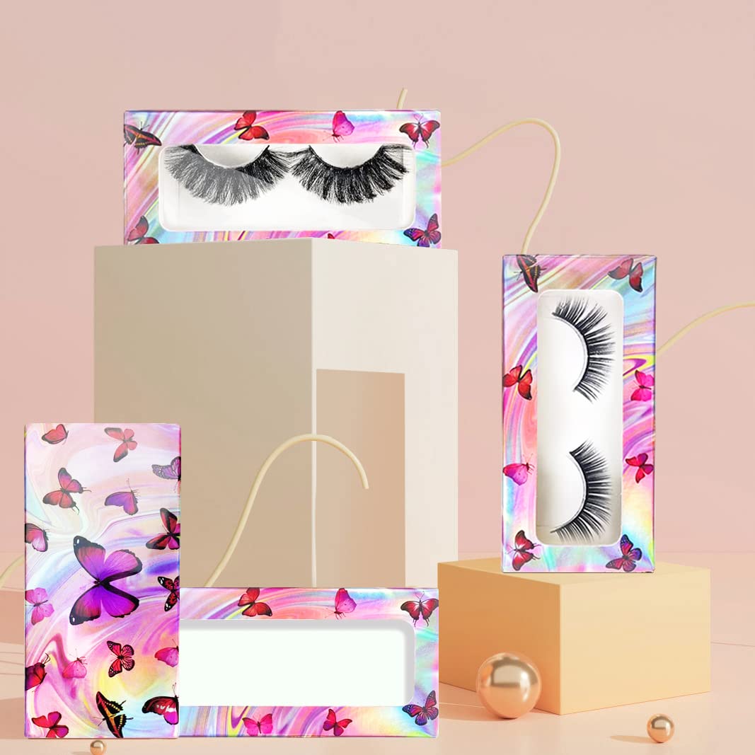 HLQHXWHZT 60 Pieces False Eyelashes Box Empty Lash Packaging Storage Containers 30 Soft Paper Lash Boxes with 30 Tray Colored butterfly Prints Lash Case Holder (pink)