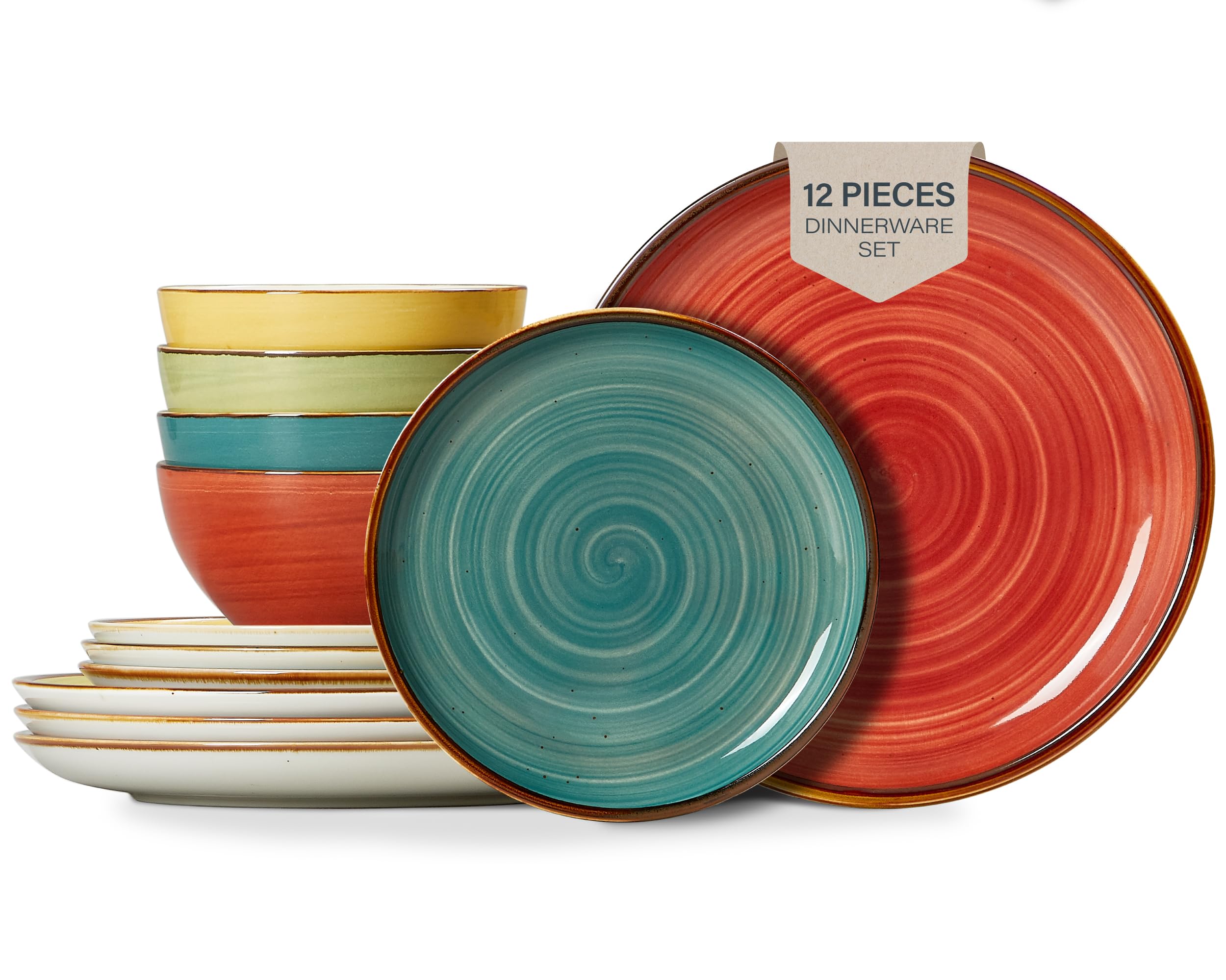 ONEMORE Plates and Bowls Set - Microwavable, Oven & Dishwasher Safe Porcelain Dinnerware Set - Scratch Resistant, Ceramic Dish Set for 4(12pcs) - Assorted Colors