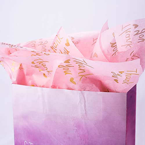 MR FIVE 30 Sheets Large Size Gold Thank You Tissue Paper Bulk,20" x 28",Thank You Tissue Paper for Packaging,Gift Bags,Gift Wrapping Tissue Paper for Graduation,Birthday,Party,Thanksgiving (Pink)