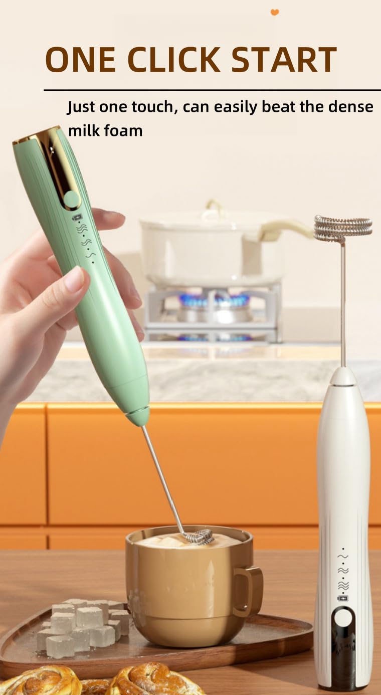 Immersion Blender Handheld, 2-in-1 Hand Blender Electric with USB Rechargeable 3 Speeds, Stainless Steel Blade Stick Blender with Whisk, for Coffee Latte,Hot Chocolate, Egg (Green)