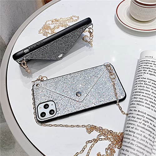Wow Case Series Compatible with iPhone 13 Pro Max Case 6.7 Inch Released 2021, with Card Holder, Crossbody Chain, Shockproof Protective Bumpers Phone Cover Defender (Glitter Shining White Silver)