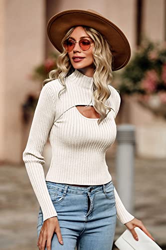PRETTYGARDEN Women's 2023 Fashion Fall Clothes 2 Piece Cutout Tops Long Sleeve Mock Neck Rib Knit Winter Pullover Sweater (Beige White,Small)