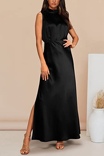 PRETTYGARDEN Women's Long Formal Satin Dress Mock Neck Sleeveless Side Slit Flowy Maxi Tank Dresses (Black,Medium)