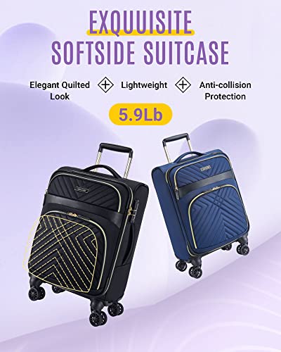 LIGHT FLIGHT Carry On Luggage Airline Approved, Softside Suitcase with Spinner Wheels 20 Inch Small Lightweight Carry-on Luggage with Front Pockets, Women Men Business Travel Blue