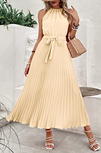 PRETTYGARDEN Women's Midi Summer Dresses Casual Halter Neck Swiss Dot Ruffle Sleeveless A Line Beach Sun Dress (Z_Apricot,Large)