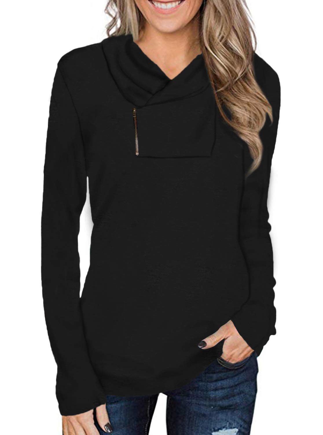 Cyanstyle 2019 Winter Women’s Long Sleeve Pullover Zipper Cowl Neck Tops Solid Sporty Sweatshirts Black Large