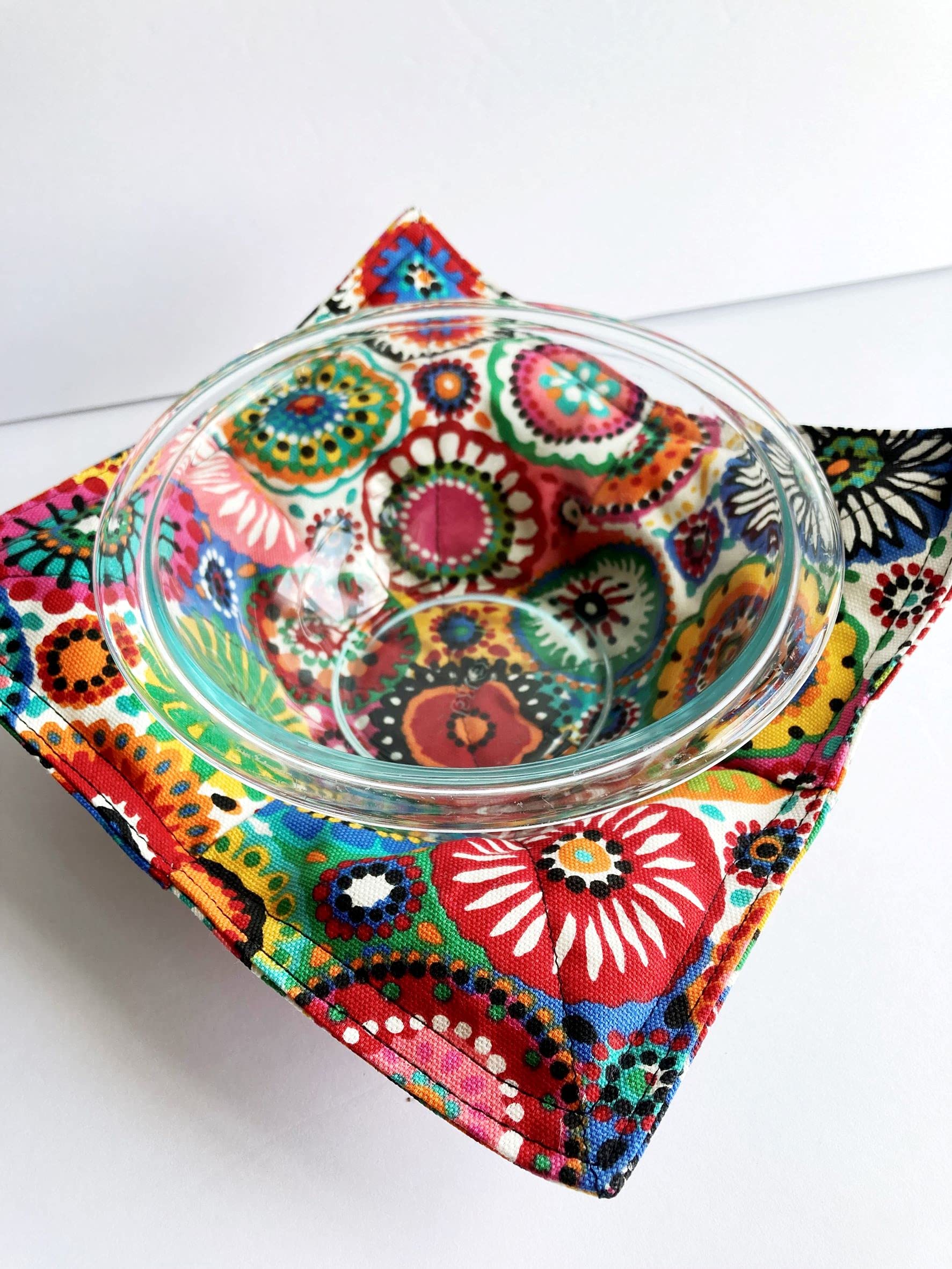 Fun Novelty Print Microwave Bowl Cozy - 8.5 inches for up to 8 inch bowls - Homemade in Texas, USA (Fiesta - Multi)