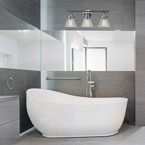 Globe Electric 51234 5-Piece All-in-One Bathroom Accessory Set, with Vanity, Chrome, 3-Light Vanity Light, Clear Glass Shades, Towel Bar, Towel Ring, Robe Hook, Toilet Paper Holder, Makeup Lighting