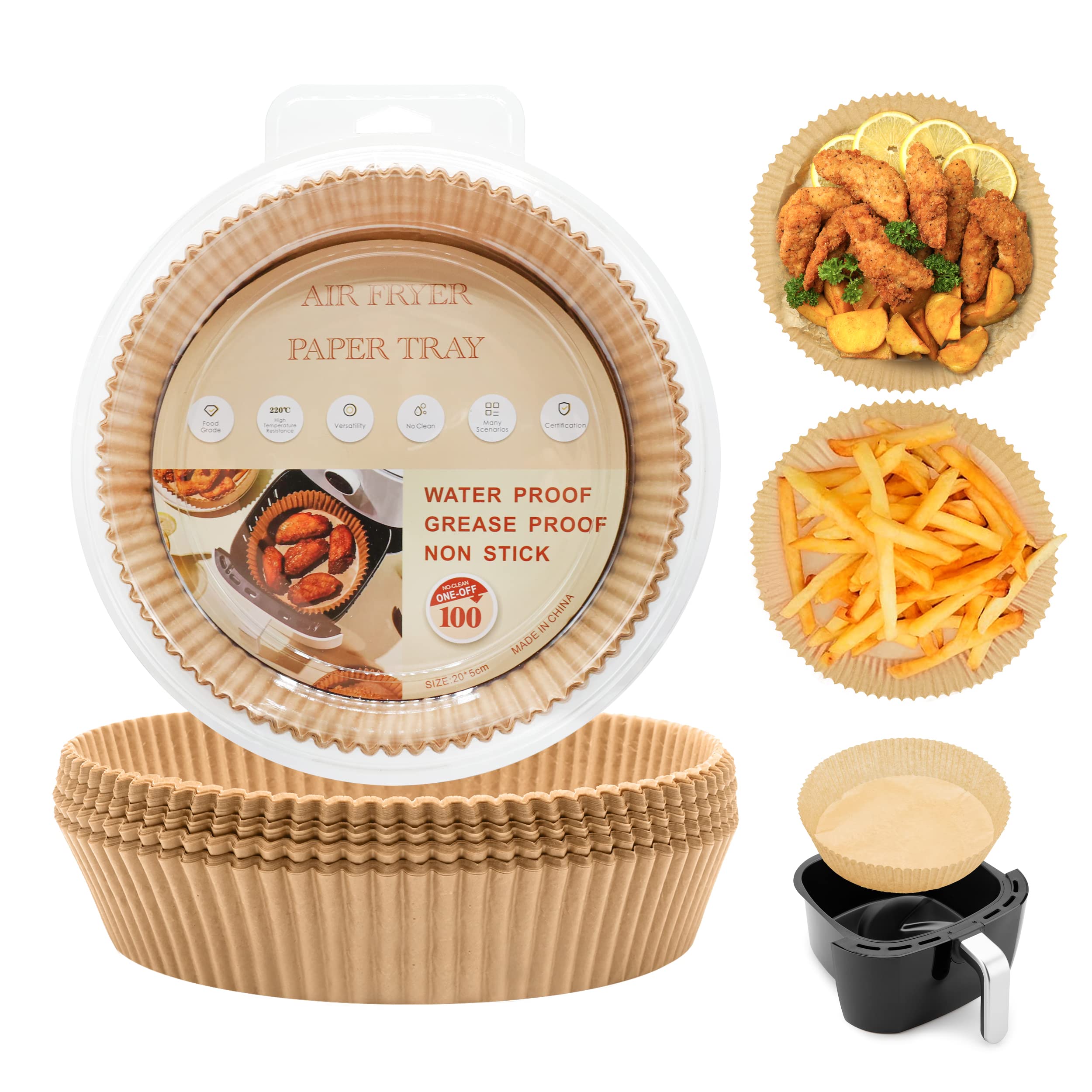 FLUXZY Air Fryer Paper Tray – 100 Pack – 7.9 inches Disposable Air Fryer Parchment Paper Baskets – Round – Non-Stick – Greaseproof – Waterproof - Instant Pot – Recycled Pure Wood Pulp