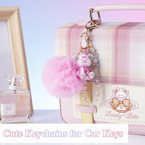 HONYJOOM Teddy Bear Keychain, Pink Keychain Accessories, Key Chains Women Cute, Puff Ball Keychain (Pink)
