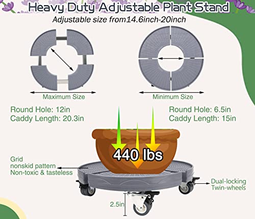 IVONNEY Large Plant Stand with Wheels, Adjustable Rolling Plant Caddy 14.6-20 Inch, Heavy Duty Plant Dolly with Wheels for Outdoor Planters, Garden Pot Mover (440lbs Capacity)