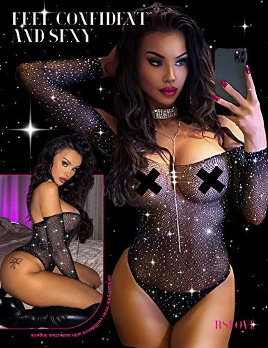 RSLOVE Women's Sexy Mesh Lingerie Sparkle Fishnet Bodysuit Babydoll One Piece Fishnet Teddy Black