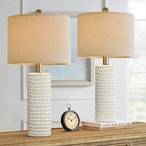 PORTRES 24" Farmhouse Ceramic Table Lamp Set of 2 for Bedroom Living Room White Desk Decor Bedside Lamps for Study Room Office Dorm Modern Accent Nightstand Lamp End Table Lamps