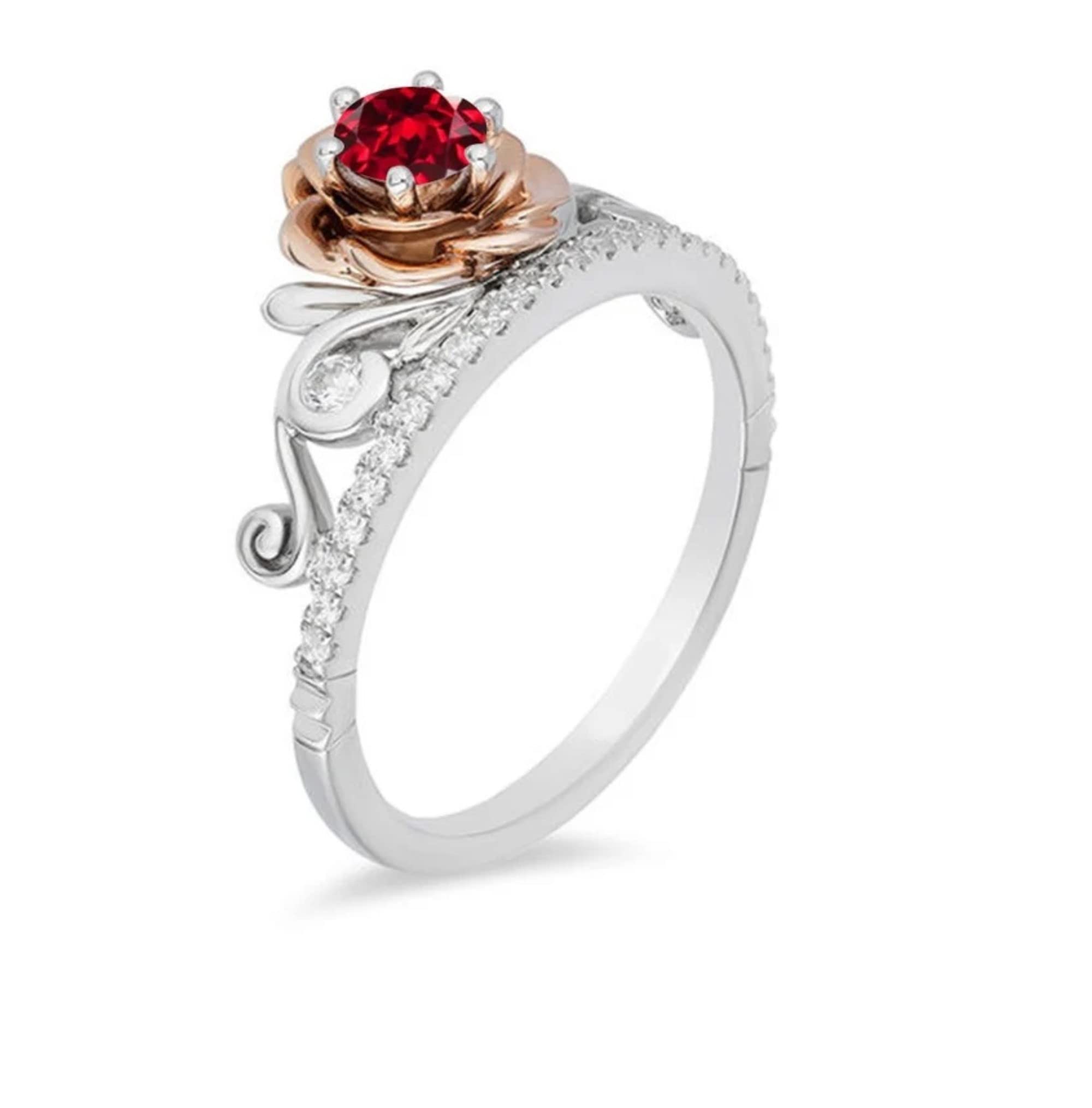 Enchanted Disney Belle 1 CT Round Cut Garnet Red Simulated Diamond Rose Design Two Tone Engagement Ring White Gold Finish 925 Sterling Silver (Two Tone Gold Finish, 7.5)