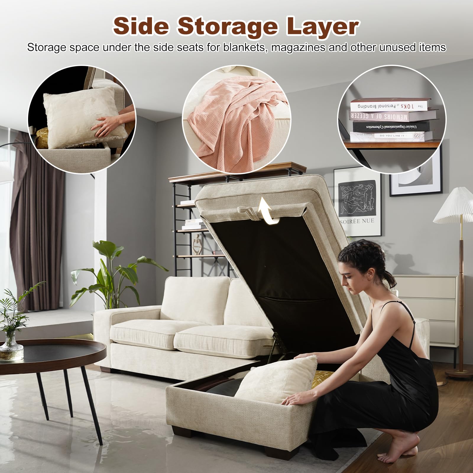 COOSLEEP 99” L-Shape Convertible Sectional Couches Sofas with 190L Storage Chaise,Chenilee Upholstered Sofas with Removable Cushion and Detachable Cover,USB and Type-c Charging for Living Room