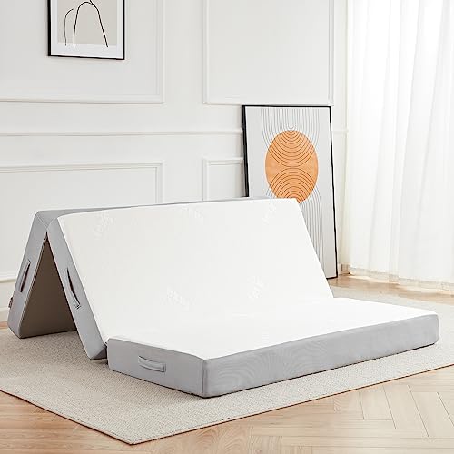 Lazyzizi Folding Mattress, 6 Inch Memory Foam Tri-fold Mattress with Breathable & Washable Bamboo Fiber Fabric Cover, Foldable Floor Mattress Guest Bed for Camping, Road Trip, Queen
