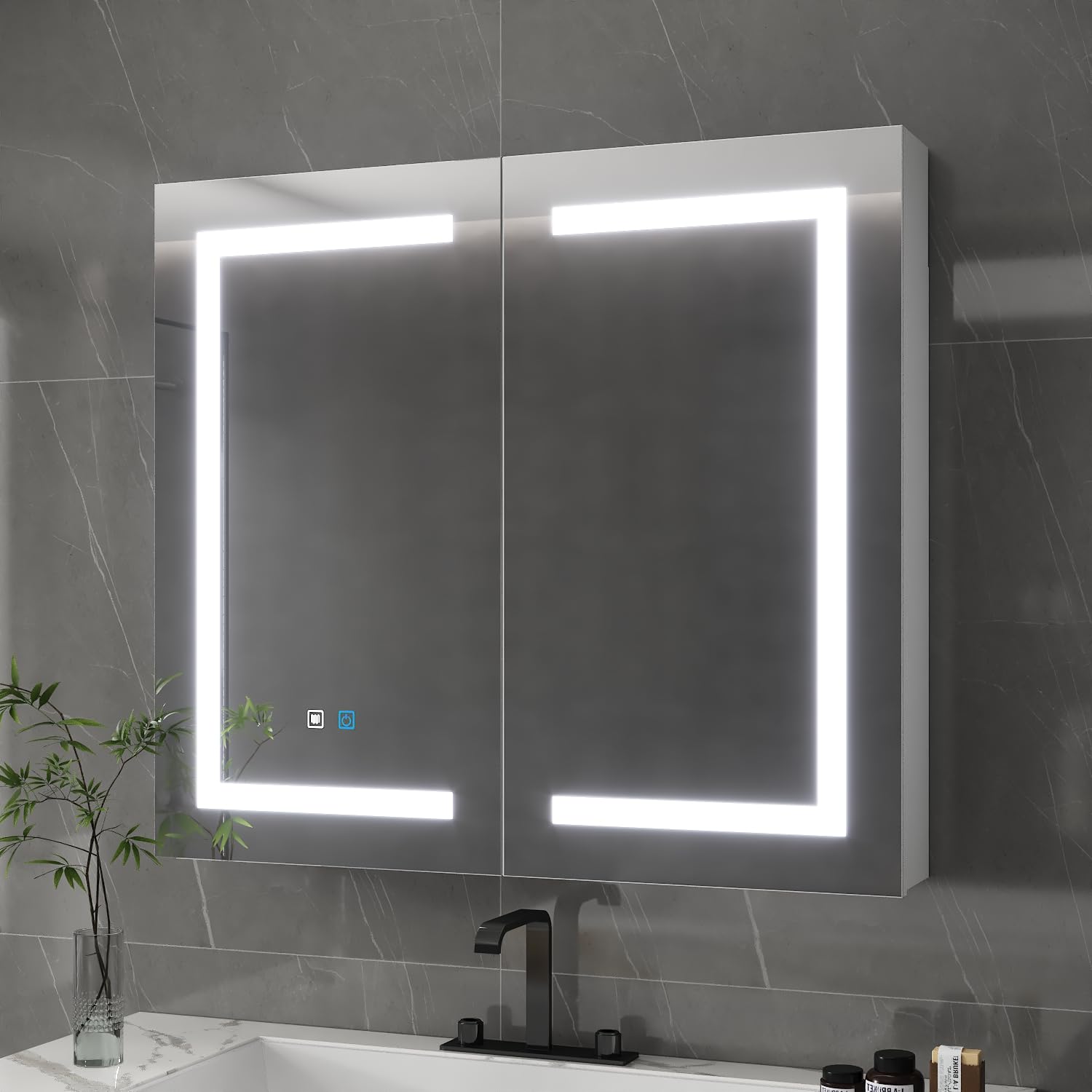 FUNISIR Lighted Medicine Cabinet with Mirror, 2 Doors Large Medicine Cabinet Mirror with Anti-Fog, Stepless Dimmable Light & Light Color Adjustment, Surface Mount, White, 35.4" W x 31.3" H