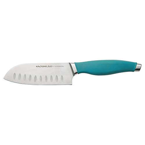 Rachael Ray Create Delicious Cookware Set, 10-Piece, Stainless Steel with Light Blue Handles & Ray Cucina Japanese Stainless Steel Knife Kitchen Cutlery Wooden Block Set, 6 Piece, Agave Blue