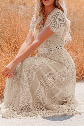 PRETTYGARDEN Women's Floral Lace Maxi Dress 2023 Short Sleeve V Neck Bridesmaid Wedding Evening Party Dresses (Apricot,Medium)