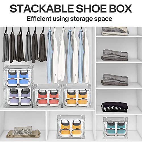 TVKB Large Clear Shoe Organizer Boxes Stackable Shoe Storage Sturdy Hard Plastic Shoe Box with Magnetic Front Door for Closet, Easy Assembly, Fit Up to Size 12(13.4"*10.6"*7.4)