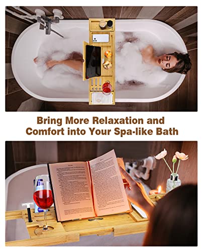 MoKo Foldable Bathtub Tray, Bamboo Bath Tray Expandable Bath Table Caddy for Luxury Bath to Hold Book, Phone Tablet, Wine Cup, Soap - Shower Gift for Women/Lovers