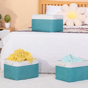 HNZIGE Fabric Storage Baskets for Shelves,Foldable Storage Baskets for Organizing(3 Pack),Rectangular Shelf Storage Bins for Shelves, Closets, Nursery, Home, Office, Empty Gift Baskets(Teal White)