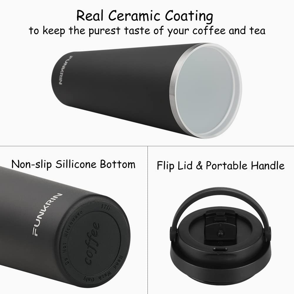 Funkrin Insulated Water Bottle with Lid and Straw, 18oz Ceramic Lined Coating Travel Coffee Mug, Leak Proof Double Walled Thermos for Hot & Cold Beveragesā¦