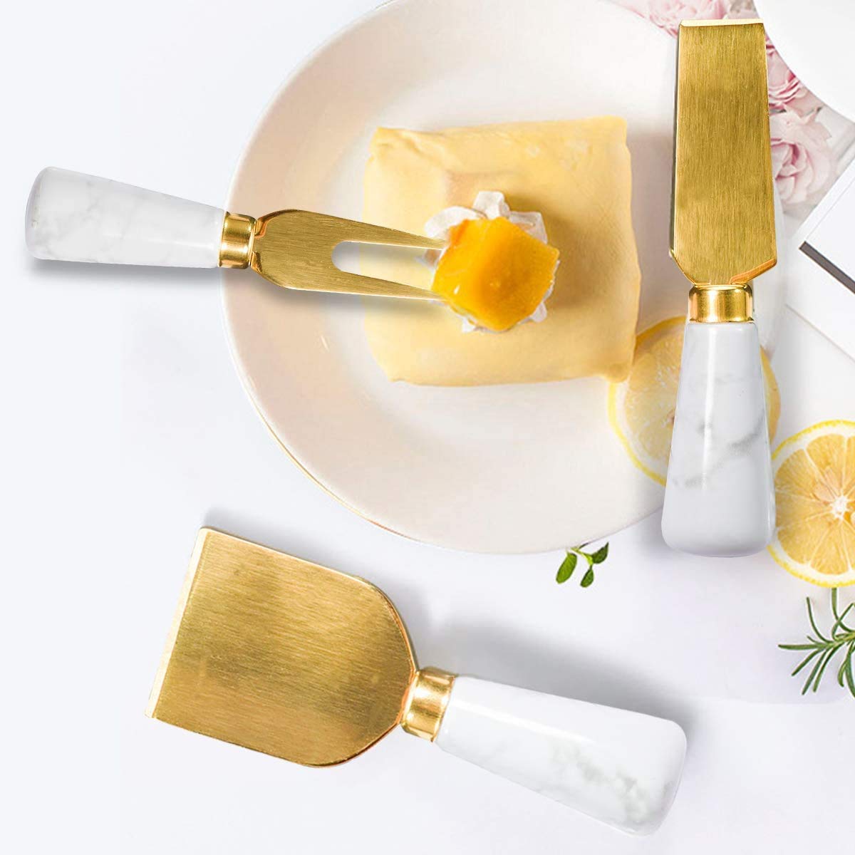 Funland 4PCs Cheese Spreader Knife Set with Marble Handle, Cute Cheese Knives Cutter Slicer Marble Cheese Board, Cheese Spatula Cheese Board Accessories, Gift Parties, Holiday, Weddings - Gold