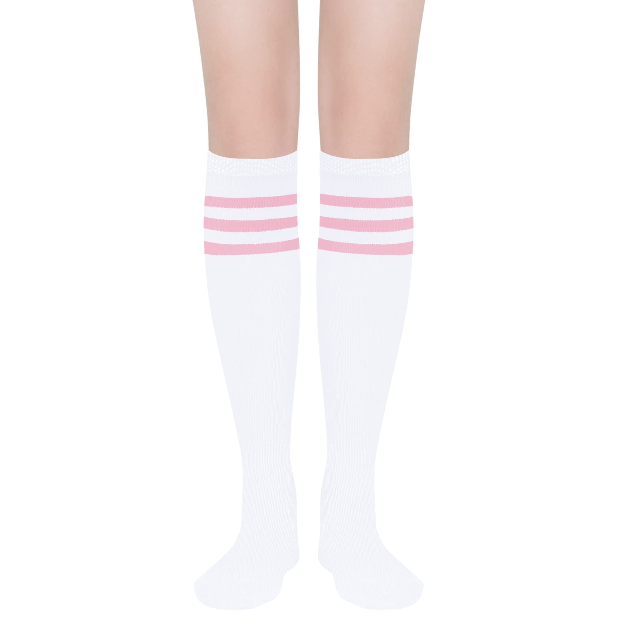 DOOVID Knee High Socks for Women Tube Socks Elasticity Athletic Socks Stripe Knee High Stockings Casual Socks White Pink One Size