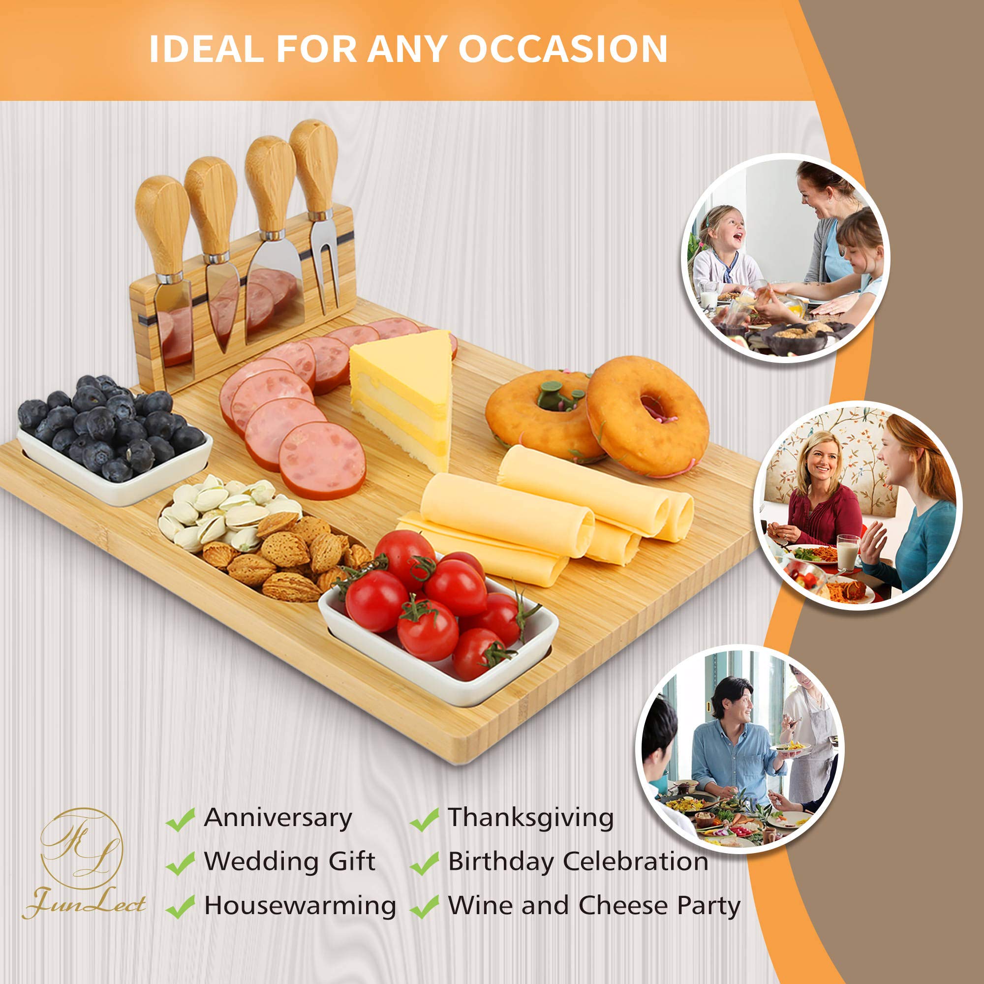 FunLect Bamboo Cheese Board Set β Serving Tray and Cheese Serving Platter. Rectangular Cheese Board and Knife Set for Cracker and Brie. Large Charcuterie Board and Cheese Tray for Housewarming Gift