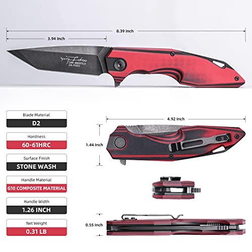 GRAMFIRE Pocket Knife 8.4'' Tactical Assisted Folding Knife, with 4'' D2 Stainless Steel Blade G10 High Hardness Handle, Outdoor Camping Hiking EDC Knives, ZA-F002 Red