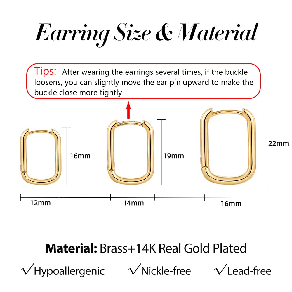 Erpels 3Pairs Square Hoop Earrings Set, 14K Gold Plated Lightweight Chunky Hoop Earrings, Rectangle Earring for Women Gift