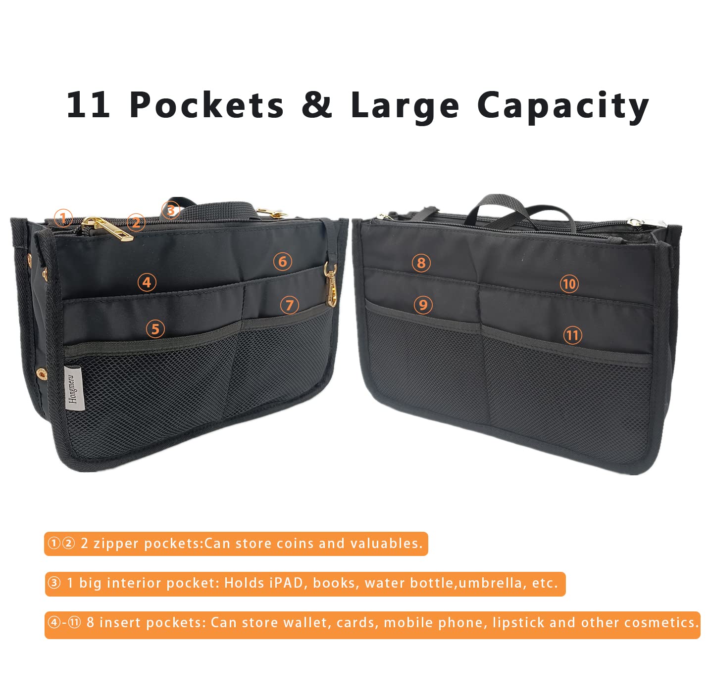 Hongmeru Purse Organizer Insert for Handbags, Tote Bag Organizer Insert with 11 Pockets, Bag Organizer for Tote with Handle, Nylon, Foldable, Tote Organizer Insert with Metal Zipper and Hook Black