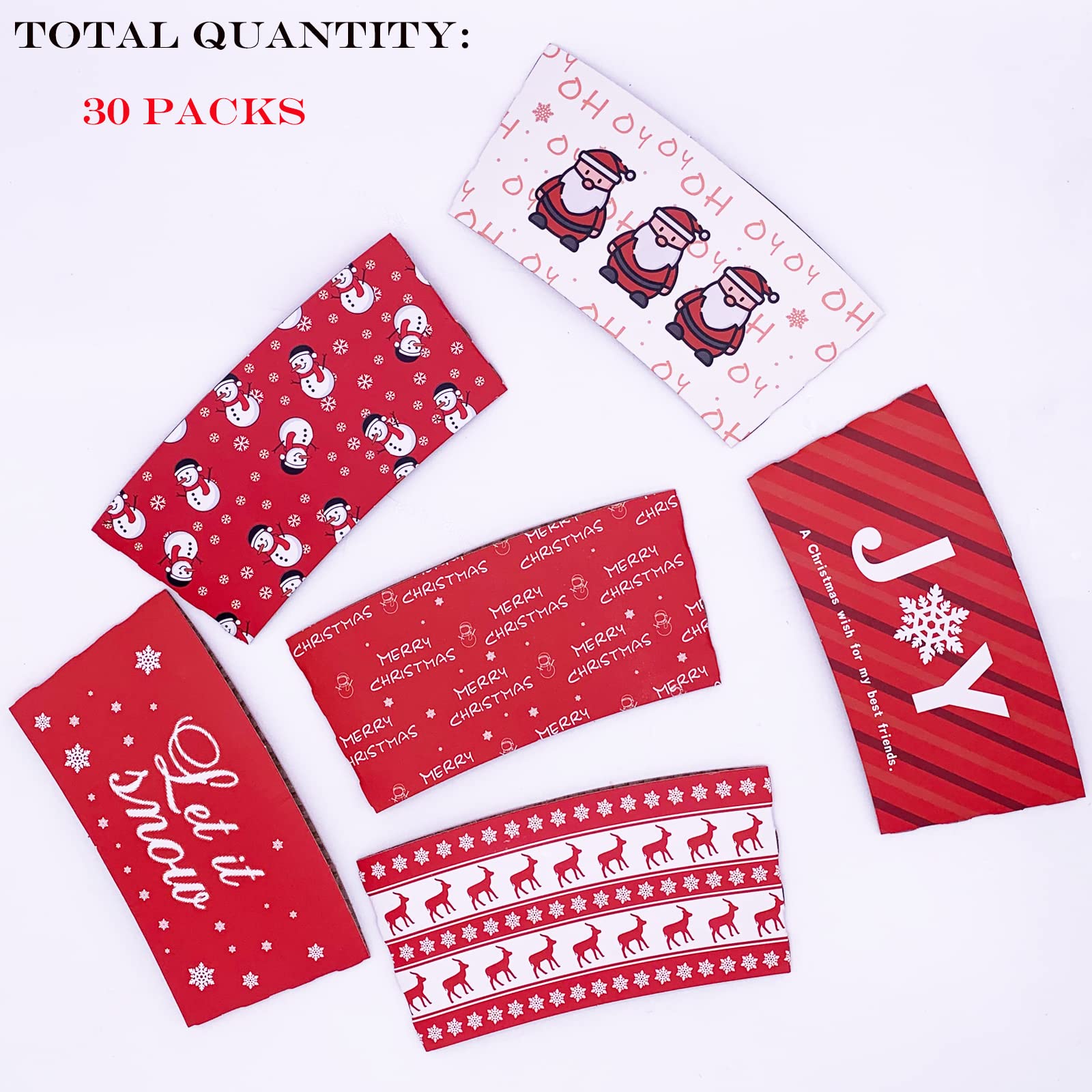 DSHE Holiday Christmas Coffee Cup Sleeve 30 Packs Tea Cup Sleeves Paper Disposable Sleeves for Party 12,16 oz Cup Jacket (Xmas)