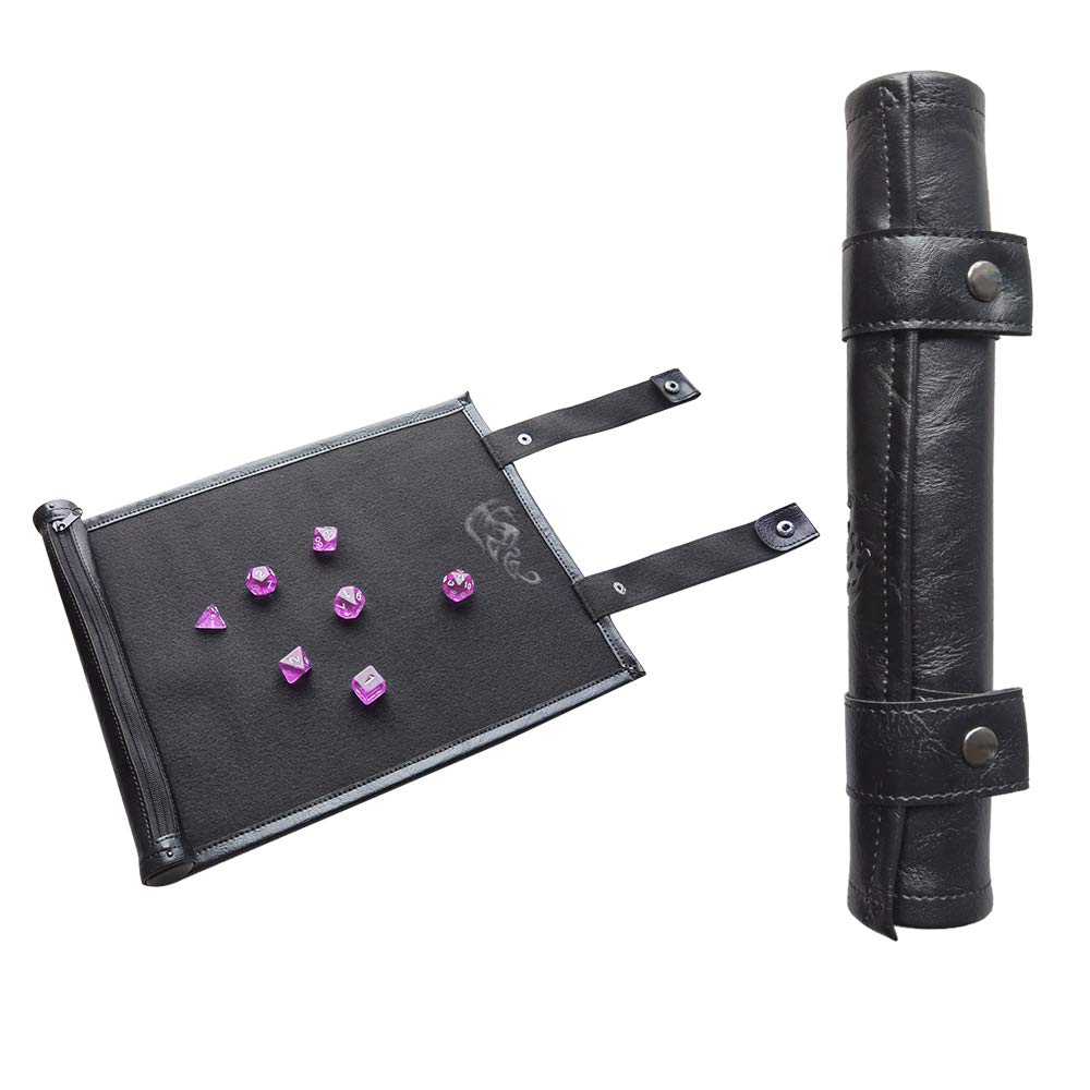 Scroll Dice Tray DIce mat Holder Storage Pouch Rolling Mat DND D and D Dungeons & Dragons Game Dice with Zippered Holds up to 14 Metal Plastic Polyhedral Dice Accessories (Black)