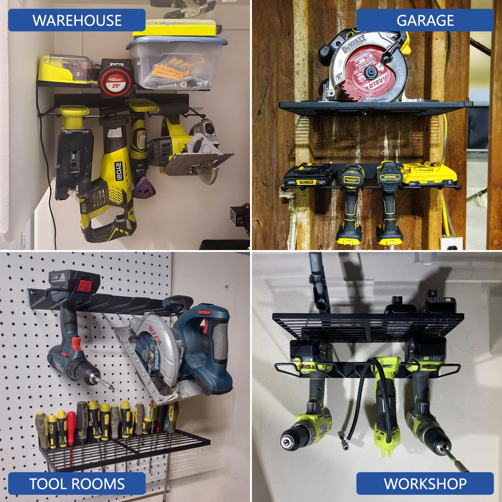 Lahien Drill Holder Wall Mount 2 tiers-Power Tool Organizer- Heavy Duty Tool Shelf-Floating Tool Shelf Wall Mounted Tool Storage Rack for 4 Drill Holders