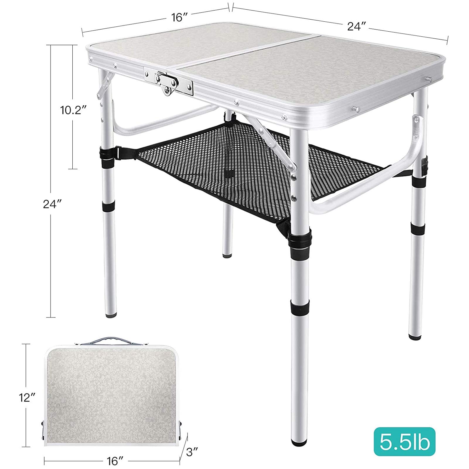 EXCELFU Small Folding Camping Table, Portable Adjustable Height Aluminum Camp Tables with Storage Mesh Lightweight Folding Table for Outdoor Indoor, Camp, Picnic, Cooking, Beach (3 Heights)