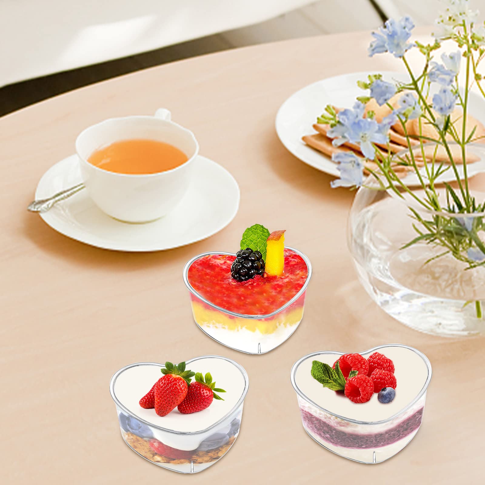 Foraineam 100 Pack 3.5 oz Clear Plastic Dessert Cups with Spoons, Valentine's Day Mini Appetizer Serving Plates Disposable Bowls for Desserts, Appetizers, Puddings, Mousse, Fruit Parfait and More