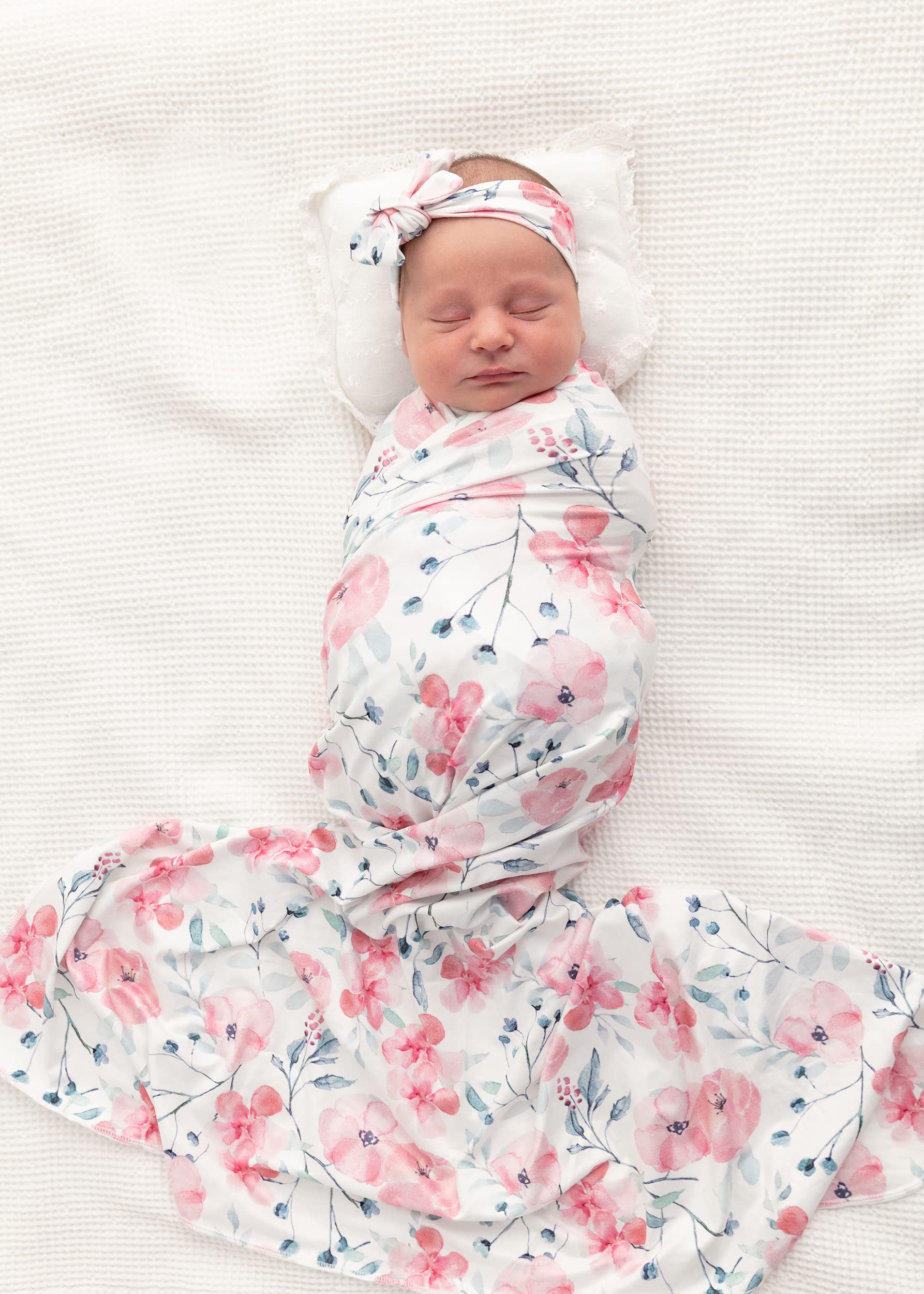 Giggle Angel Baby Receiving Blanket Swaddle Blanket Infant Wrap Pink Floral Pattern with Matching Bowtie (Pink)