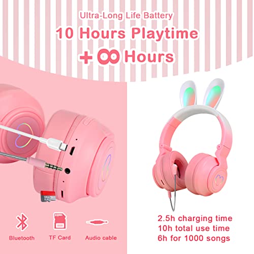 JINSERTA Kids Headphones with Bunny Ear LED Light Up,Noise Cancelling Adjustable Microphone Headset,Wireless Foldable Over-Ear Headphones for Kids Gifts/School/Kids Tablet/Travel (Pink)