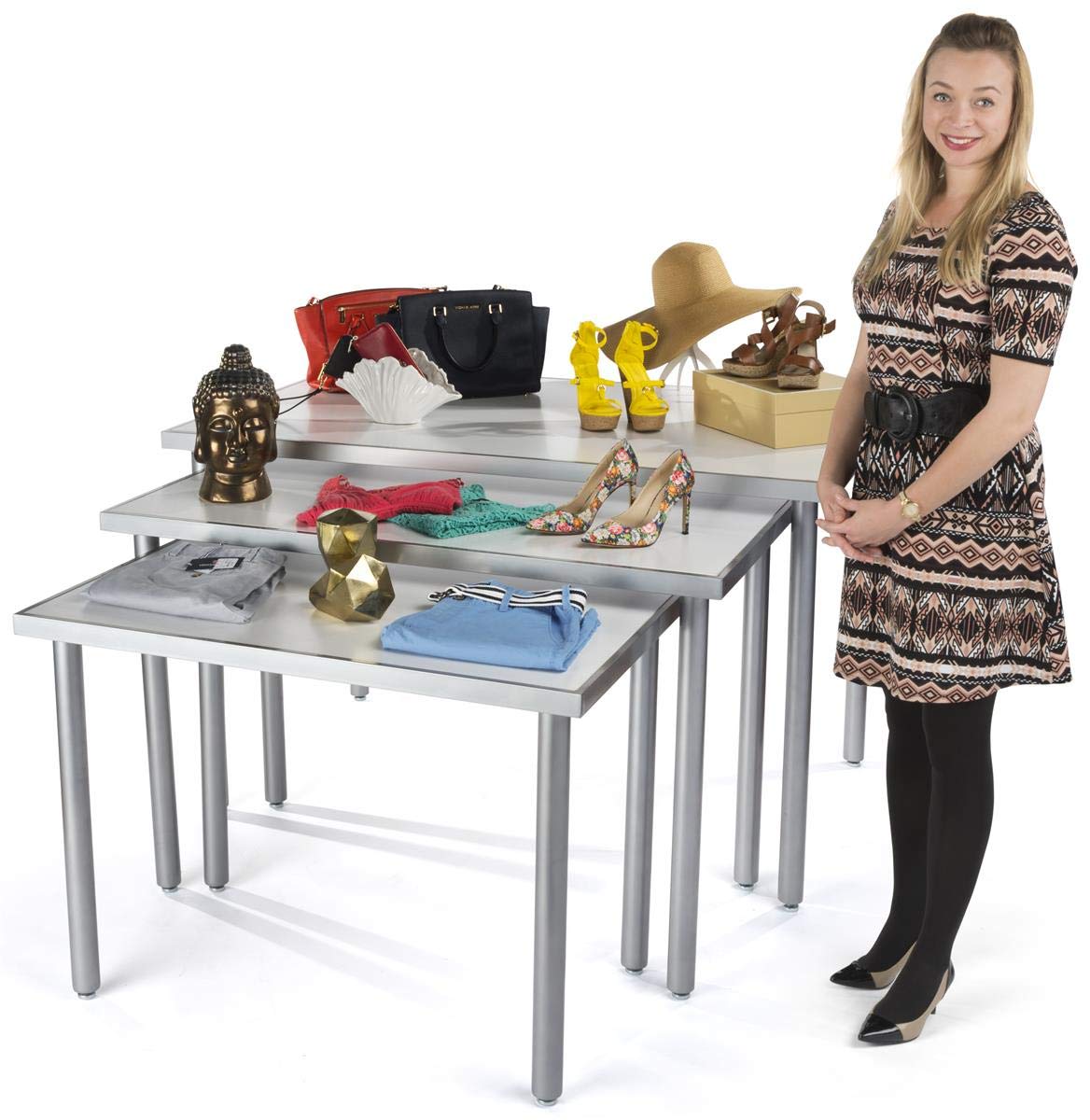 Displays2go, White Nesting Tables for Retail, Steel, MDF, Melamine Build – White, Silver Finish (NST3T48WT)