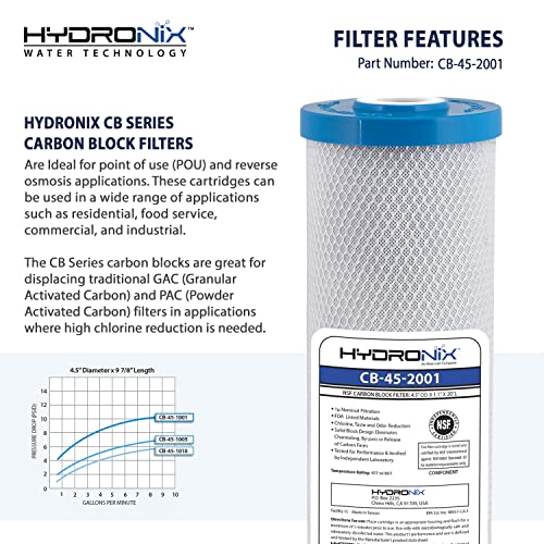 Hydronix CB-45-2001 Whole House, Commercial & Industrial NSF Coconut Carbon Block Water Filter, 4.5" x 20" - 1 Micron