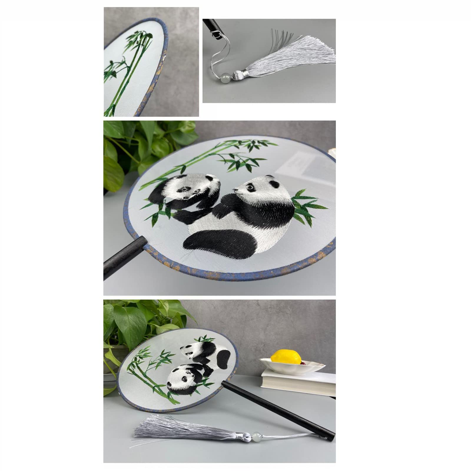 ERTUO Embroidered Long Handle Hand Fan Panda Embroidered Round Fan Semi-Transparent Retro Hanfu Dance Cheongsam Chinese Style Classical Fan