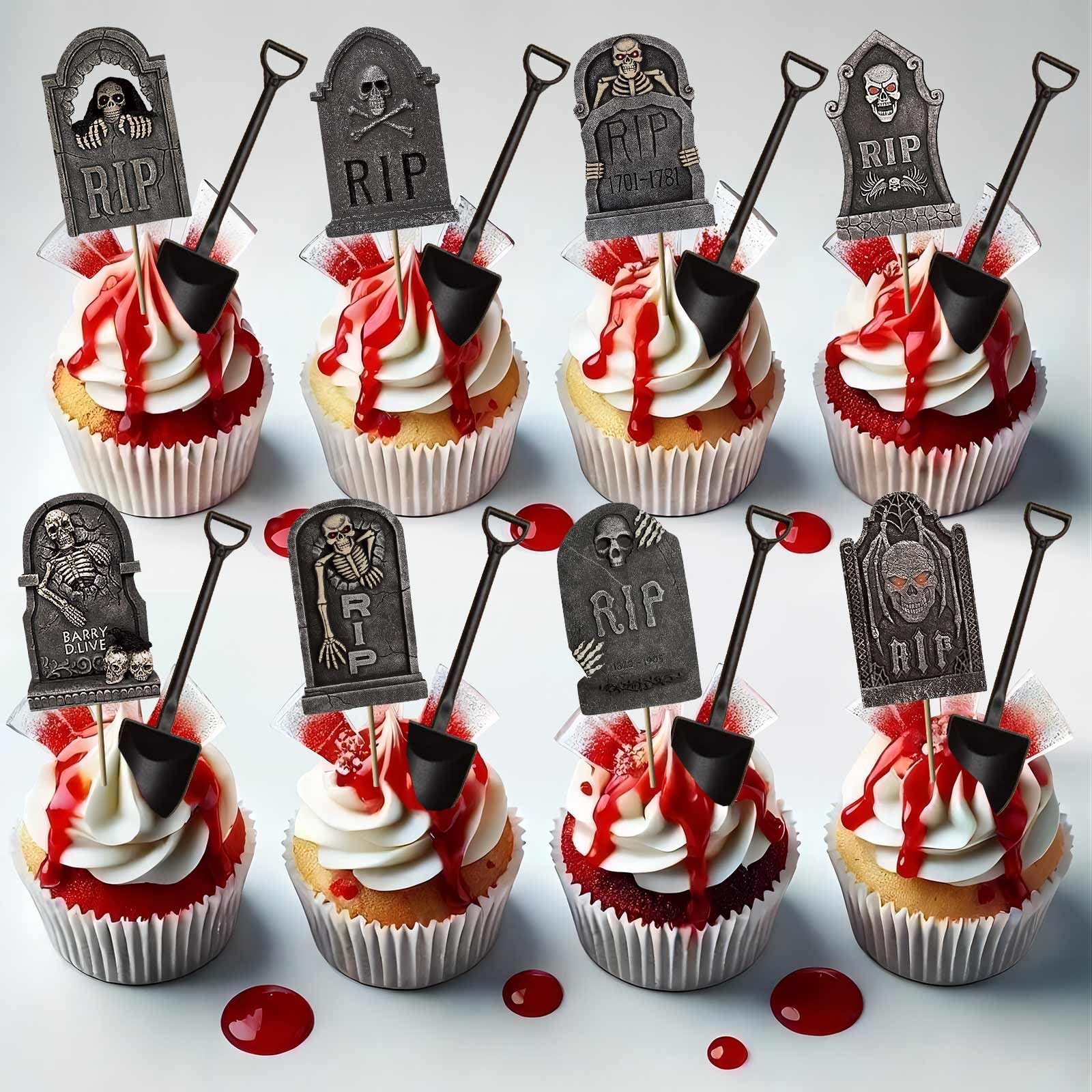 INACORN 48PCS Halloween Cupcake Toppers - Halloween Cake Decorations & Halloween Birthday Party Decorations - Graveyard Tombstone Cupcake Toppers with Novelty Mini Shovel Spoons