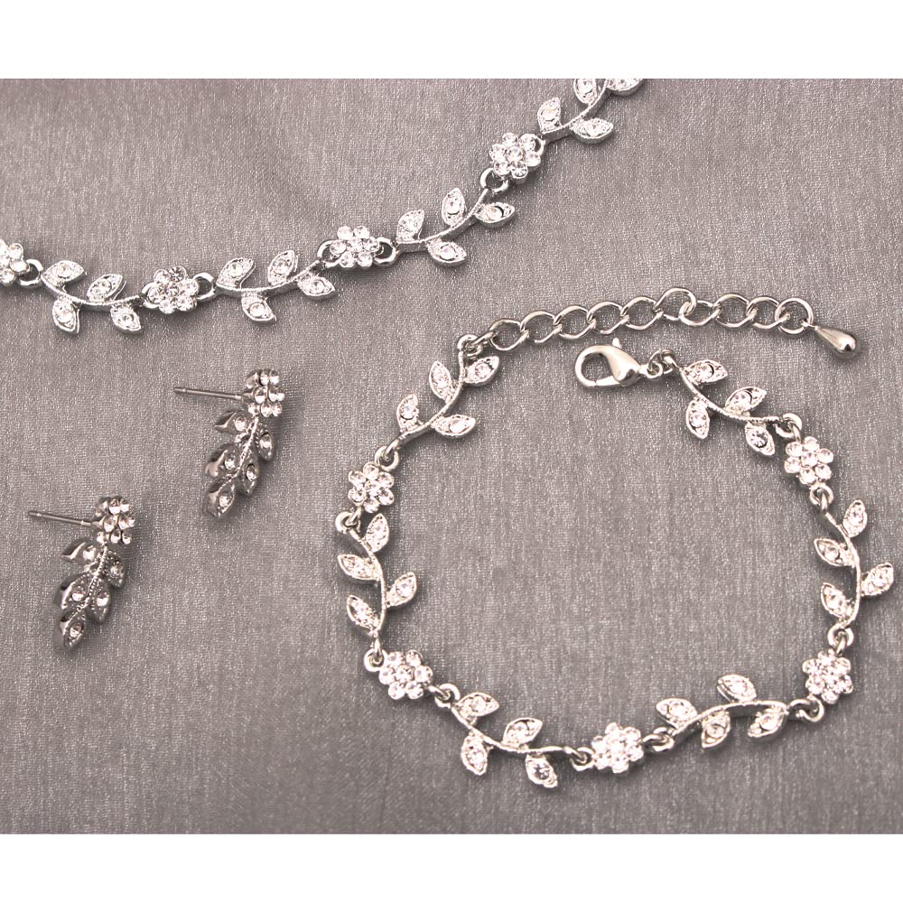 Enrwin Austrian Crystal Rhinestone Choker Necklace Dangle Earring Link Bracelet Jewelry Set for Brides Bridesmaid Prom Costume Accessories for Women (White-Platinum Plated)