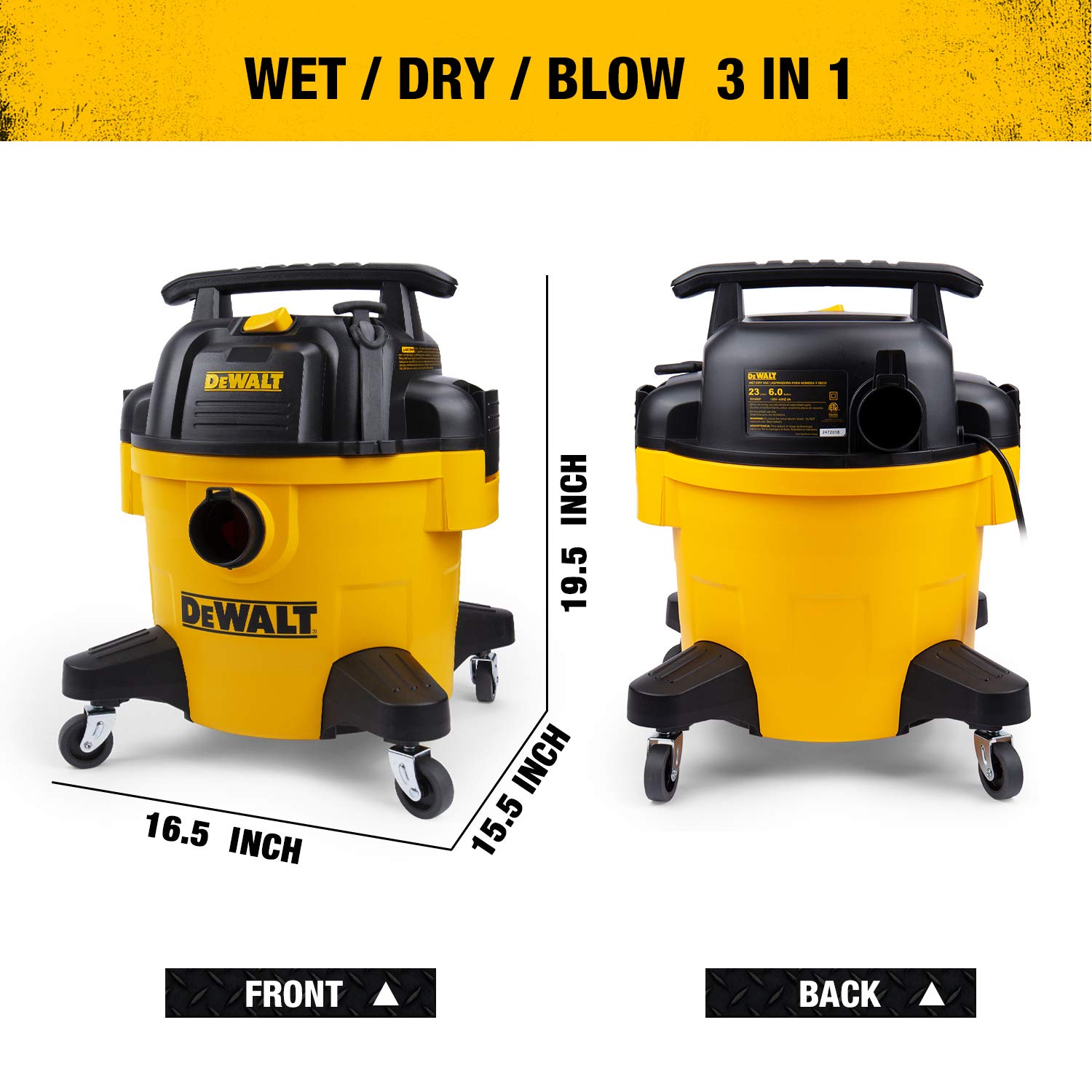 DEWALT Wet Dry Vacuum, 6 Gallon 4HP Poly Shop Vacuum, Long Life Cycle with Cartridge Filter, 4 Casters, 3 in 1 Function