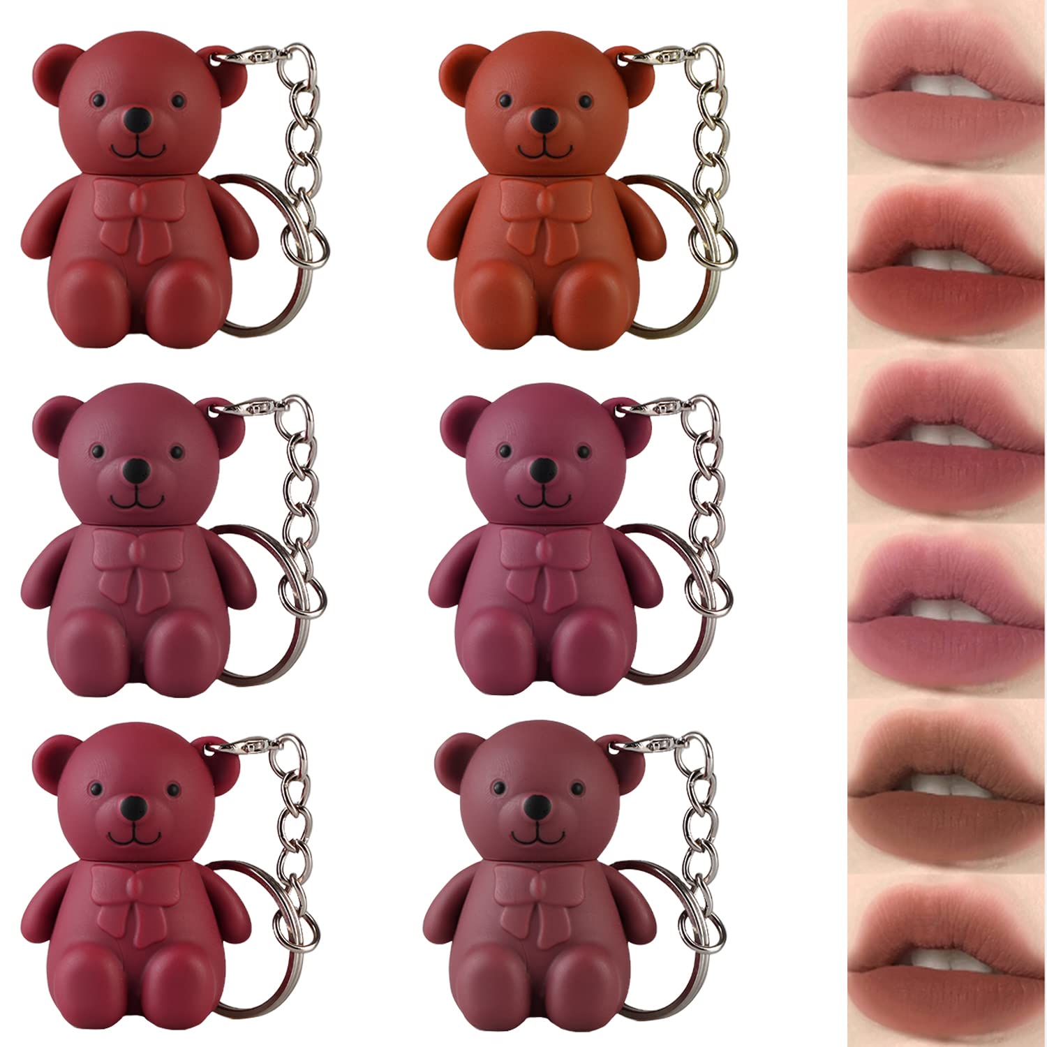 Fanxbox 6 Colors Cute Bear Lipsticks, 2 in 1 Key Chain Bear Lipstick, Matte Lipstick, Lip Plumper Makeup Set Kit, Velvet Waterproof Lip Makeup Gift Sets