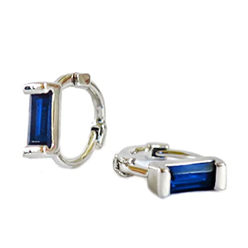 Sterling Silver Blue Sapphire TINY HUGGIE 8mm Layering Earrings Baguette Cubic Zirconia Gemstone Hypoallegic Nickel Free Lead Free Made In U.S.A (Rhodium Sterling Silver A Pair)
